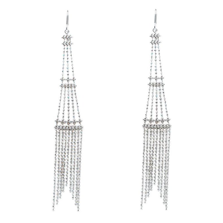 Tiffany and Co. Beaded Fringe Tower 18k White Gold Long Hook Earrings ...