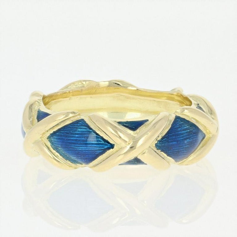 Tiffany And Co Blue Enamel X Band 18 Karat Yellow Gold Designer Ring At 1stdibs