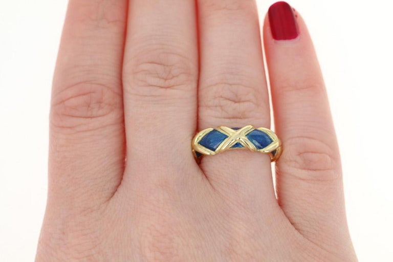 Tiffany And Co Blue Enamel X Band 18 Karat Yellow Gold Designer Ring At 1stdibs