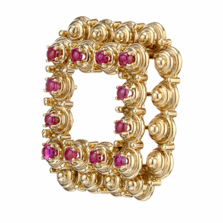 Tiffany and Co. Cabochon Red Ruby Gold Square Brooch For Sale at 1stDibs