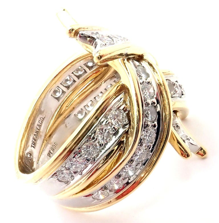 Tiffany and Co Diamond Platinum Yellow Gold Bow Ribbon Ring For Sale at ...