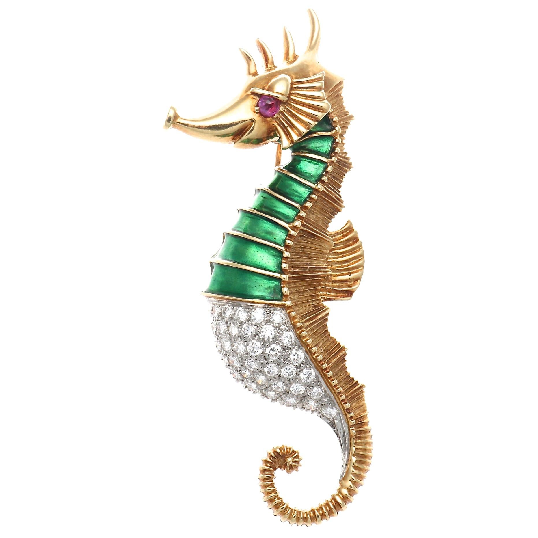 Tiffany and Co. Diamond Ruby Enamel Gold Seahorse Brooch at 1stDibs