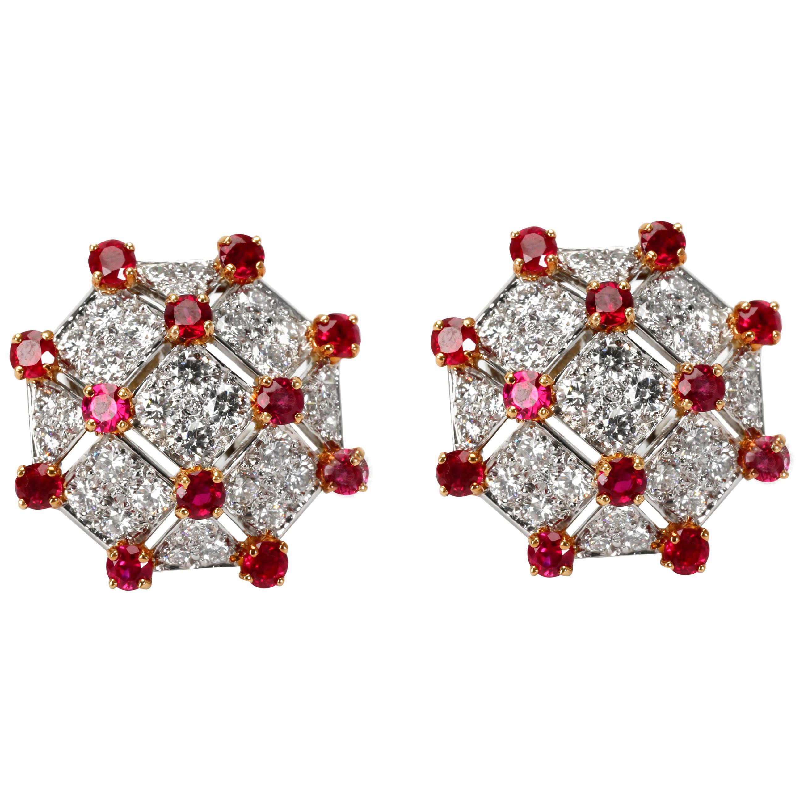 Tiffany and Co. Diamond and Ruby Trellis Earrings in Yellow Gold and ...