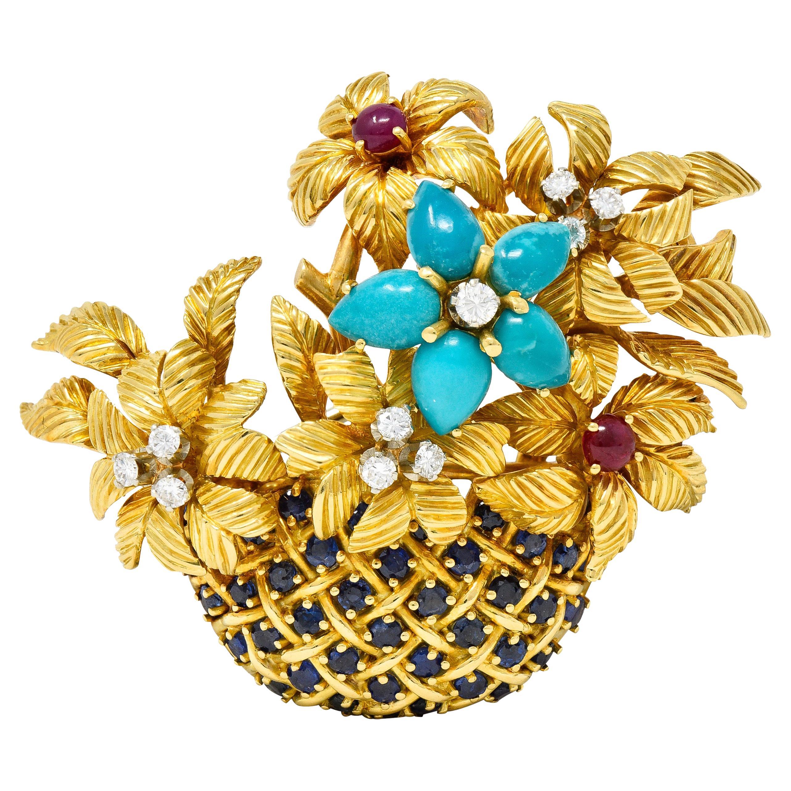 Natural Turquoise Ruby Sapphire Diamond Gold Bee Brooch For Sale at 1stDibs