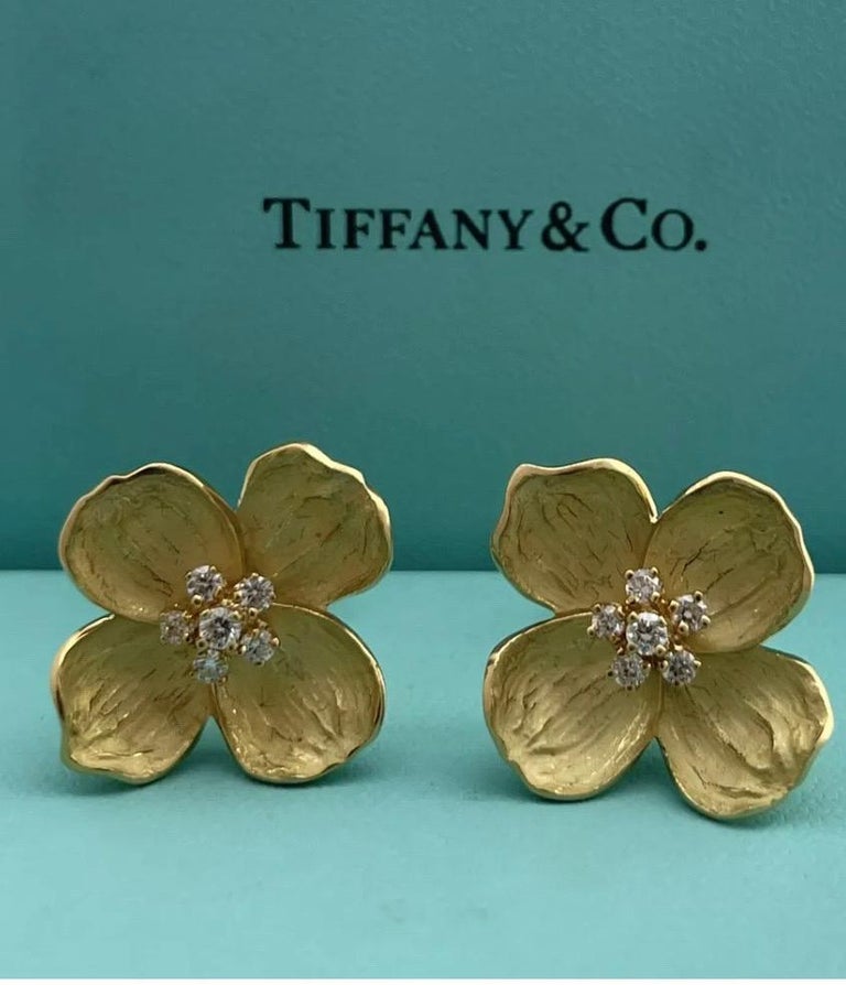 Tiffany and Co. Dogwood 12 Diamond Flower 18K Yellow Gold Enamel ...