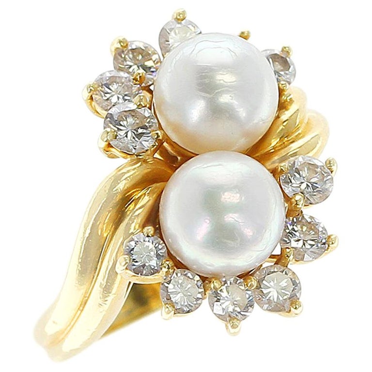 Tiffany and Co. Double Pearl Ring with Round Diamonds, 18 Karat Yellow ...