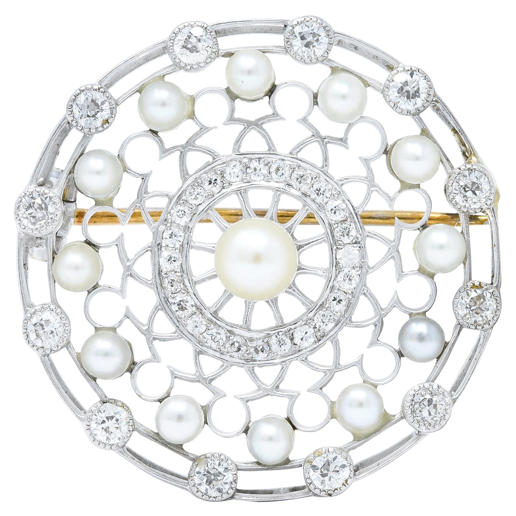 Edwardian Diamond Pearl Platinum Brooch For Sale at 1stDibs