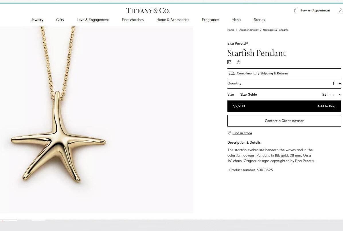 TIFFANY and Co. Elsa Peretti 18K Gold 28mm Starfish Pendant Necklace ...