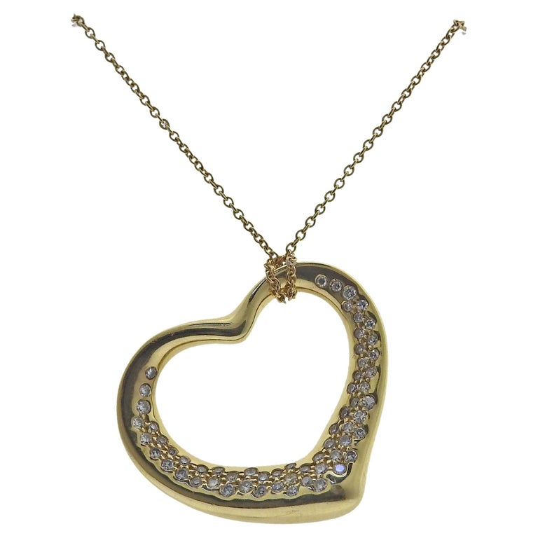 Tiffany and Co Elsa Peretti Gold Diamond Open Heart Pendant Necklace ...