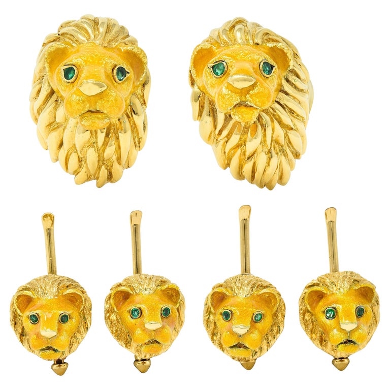 Tiffany and Co. Emerald Enamel 18 Karat Gold Lion Head Men's Cufflink ...