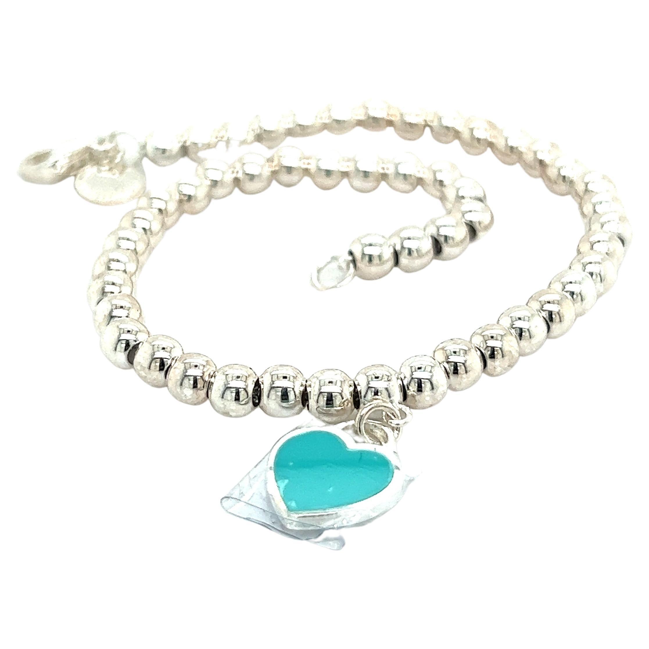 Tiffany and Co Estate Red Enamel Heart Ball Necklace 18" Sterling ...