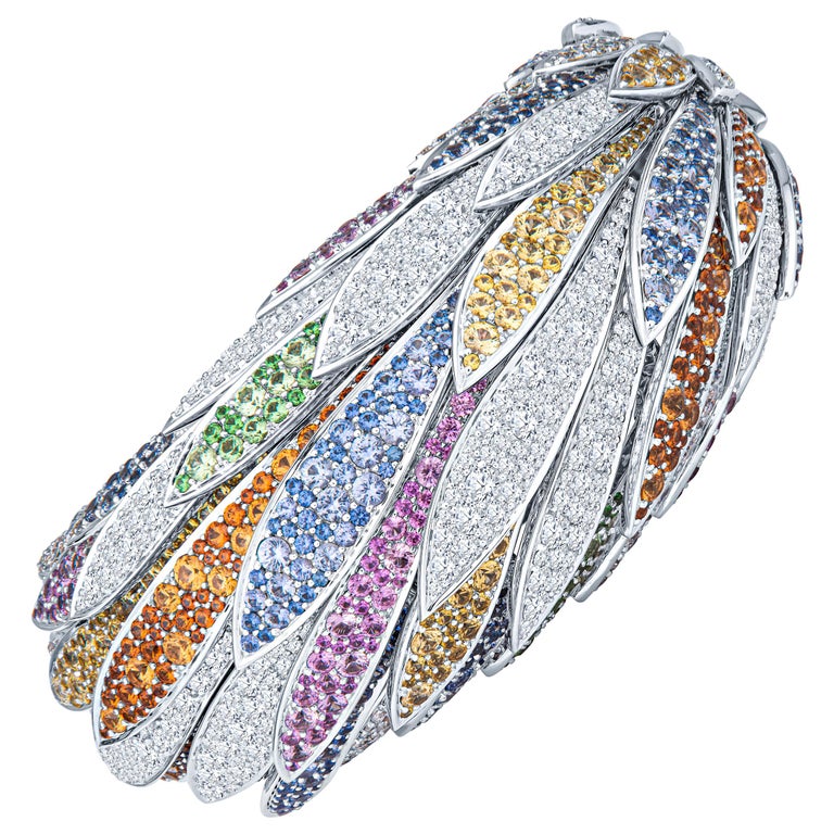 Tiffany and Co. Feathered Cloak Platinum Garnet, Sapphire, Diamond Cuff ...