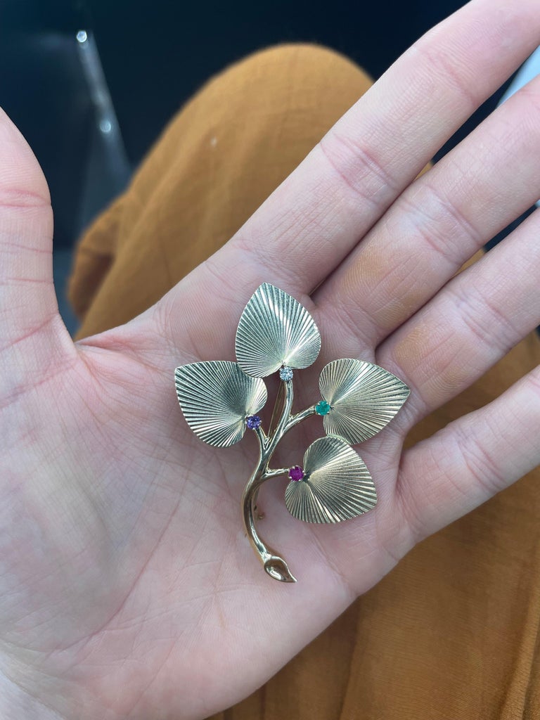 Tiffany and Co. Floral Gemstone Large Pin Brooch 14 Karat Yellow Gold ...