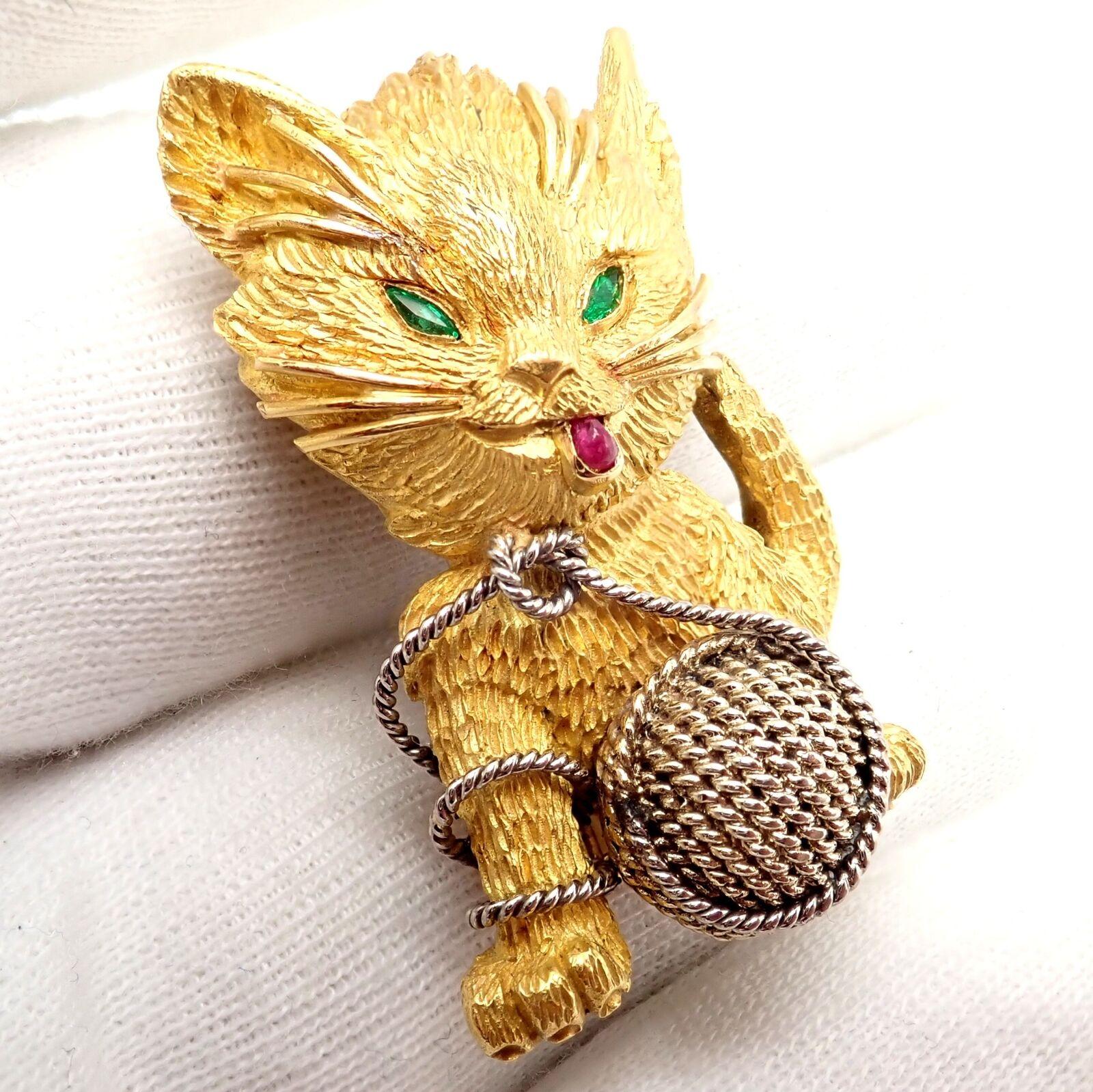 Tiffany and Co France Ruby Emerald Cat Yarn Yellow Gold Pin Brooch For ...