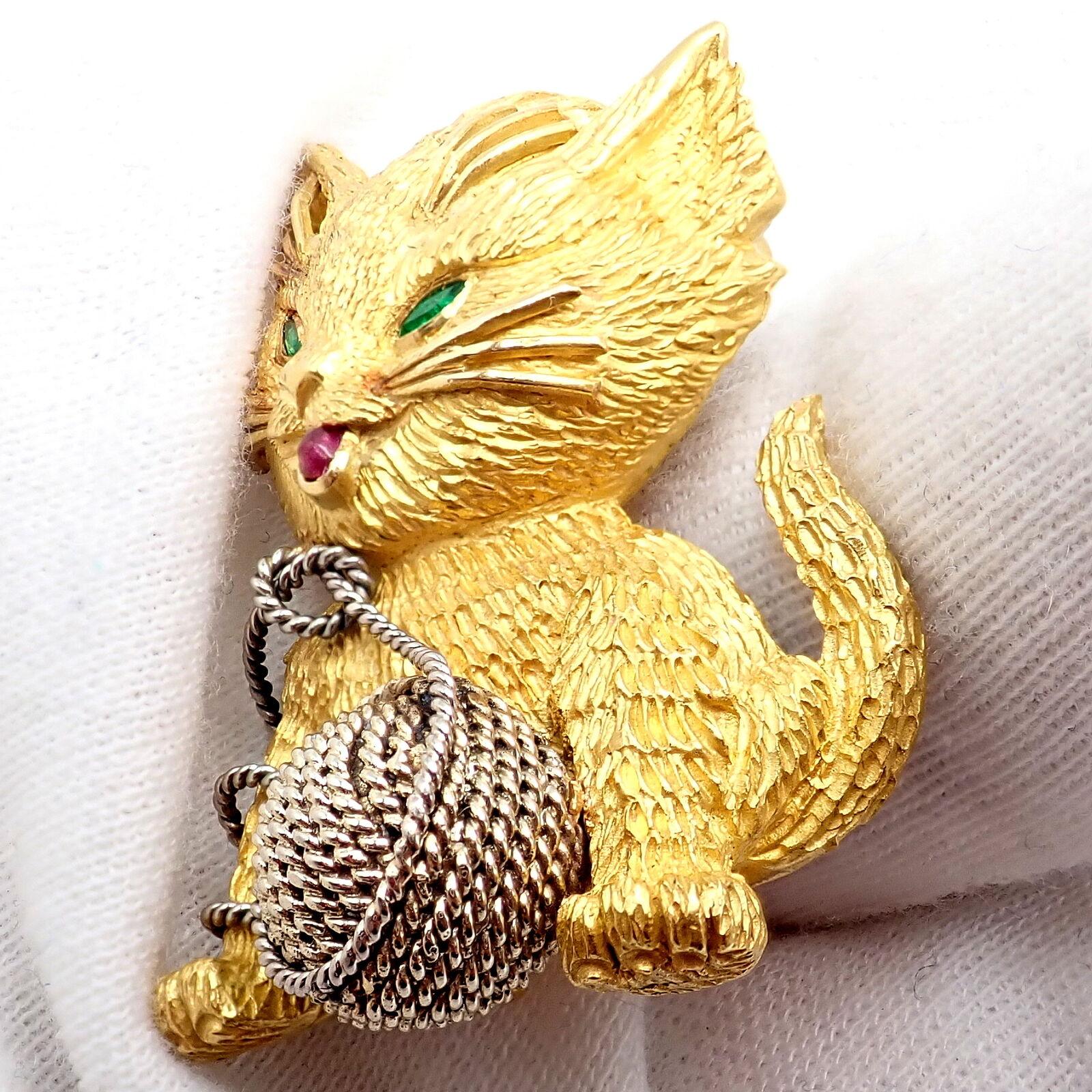 Tiffany and Co France Ruby Emerald Cat Yarn Yellow Gold Pin Brooch For ...