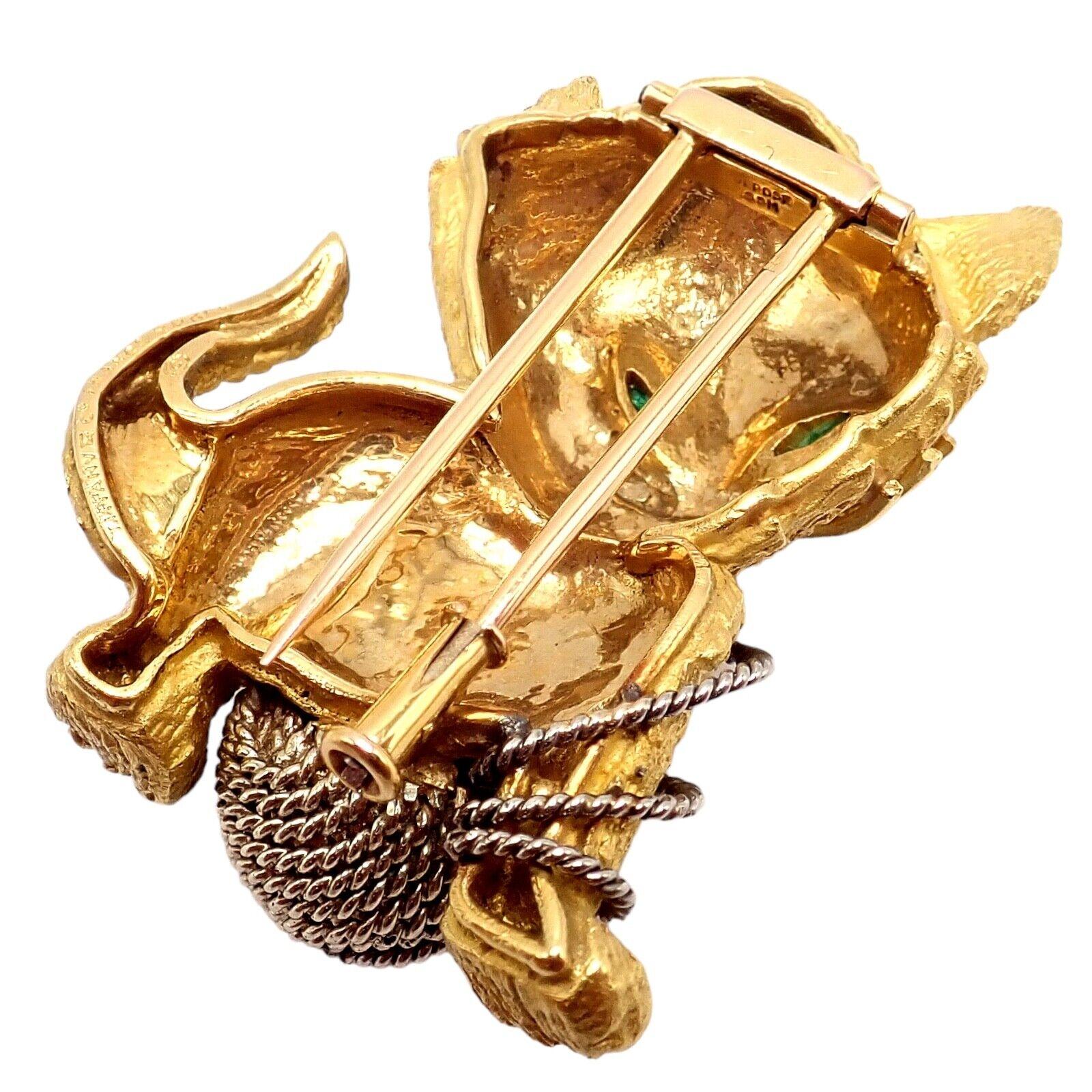 Tiffany and Co France Ruby Emerald Cat Yarn Yellow Gold Pin Brooch For ...