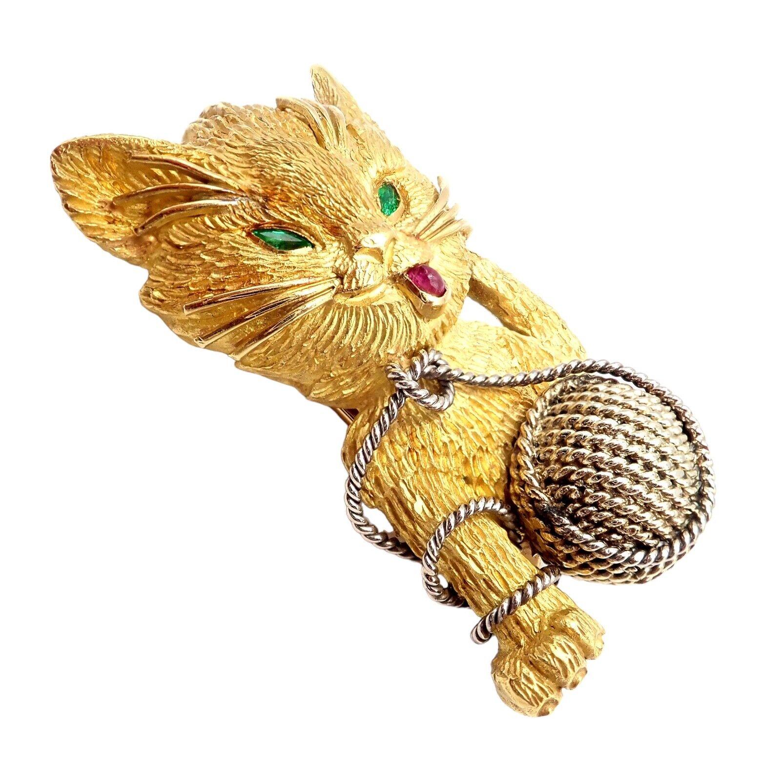 Tiffany and Co France Ruby Emerald Cat Yarn Yellow Gold Pin Brooch For ...
