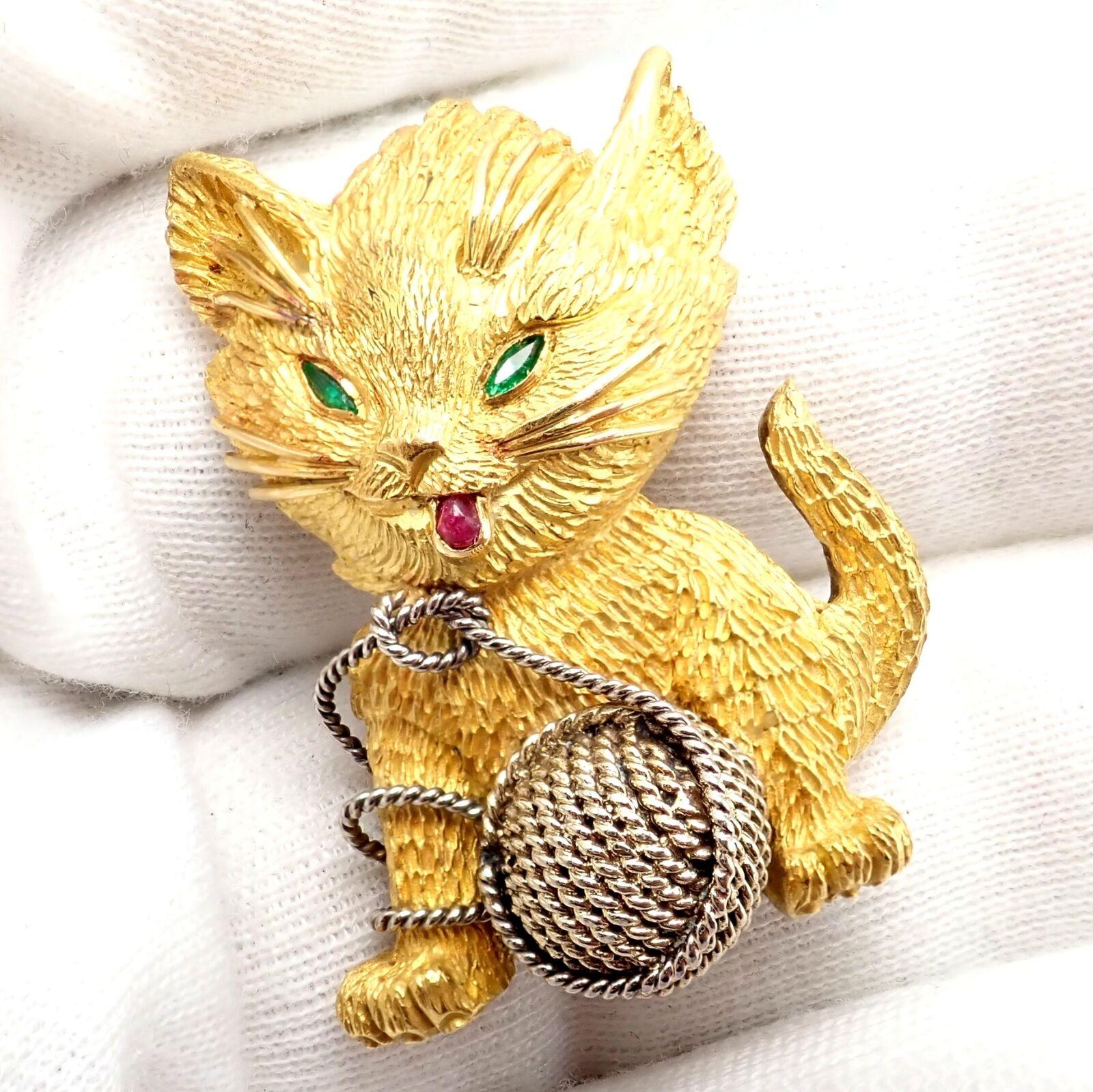 Tiffany and Co France Ruby Emerald Cat Yarn Yellow Gold Pin Brooch For ...