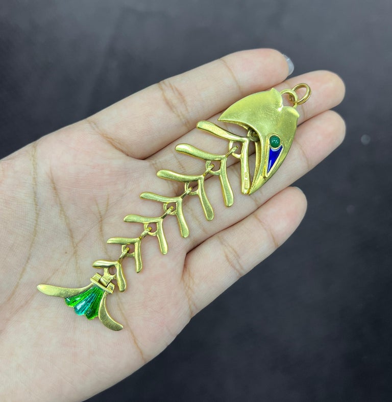Tiffany and Co. Gold Enamel Fish Bone Pendant For Sale at 1stDibs