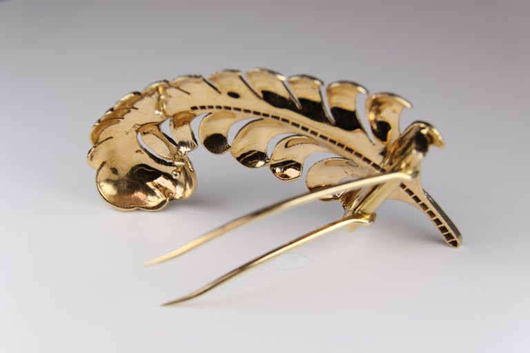 Tiffany and Co. Gold Feather Pin with Diamonds For Sale at 1stDibs