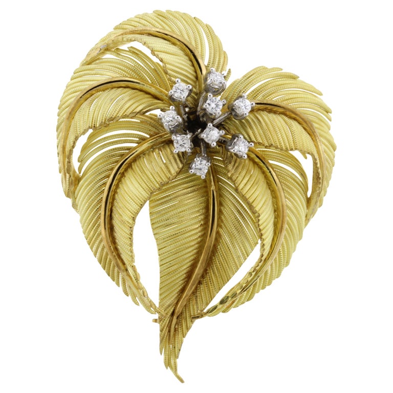 Tiffany and Co. Gold Palm Diamond Statement Brooch For Sale at 1stDibs