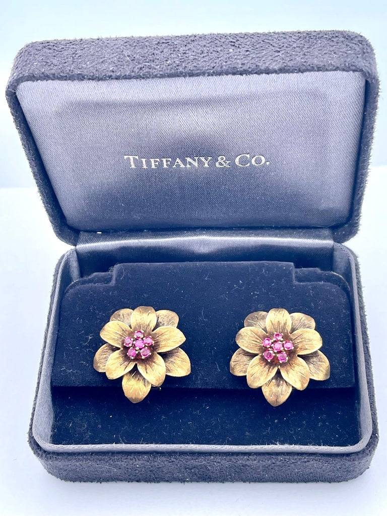 Tiffany and Co. Gold and Ruby Flower Earrings For Sale at 1stDibs