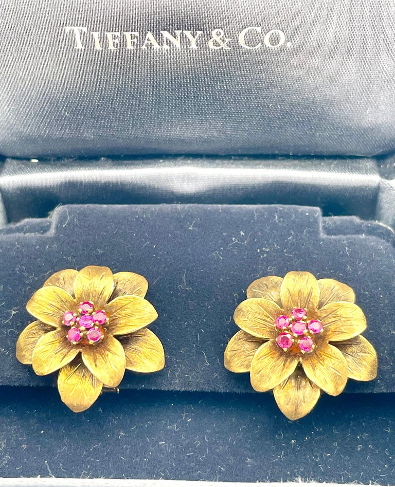 Tiffany and Co. Gold and Ruby Flower Earrings For Sale at 1stDibs