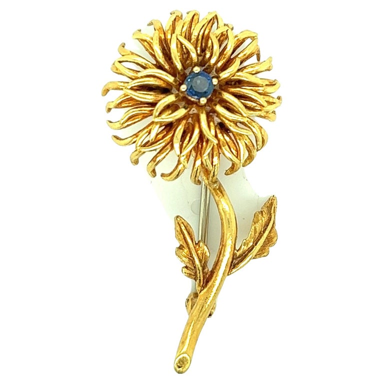 Tiffany and Co. Gold Sapphire Flower Pin Brooch For Sale at 1stDibs