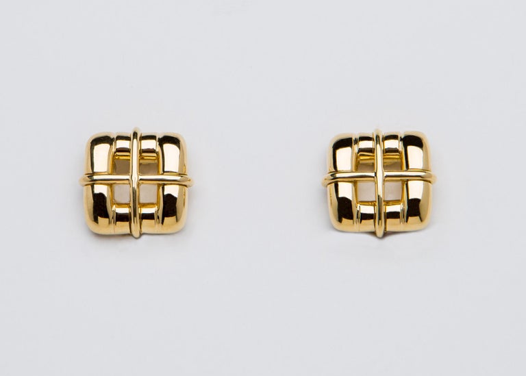 Tiffany and Co. Gold Square Buckle Motif Earrings For Sale at 1stDibs