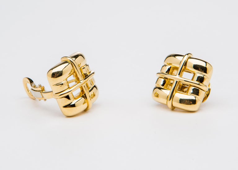 Tiffany and Co. Gold Square Buckle Motif Earrings For Sale at 1stDibs