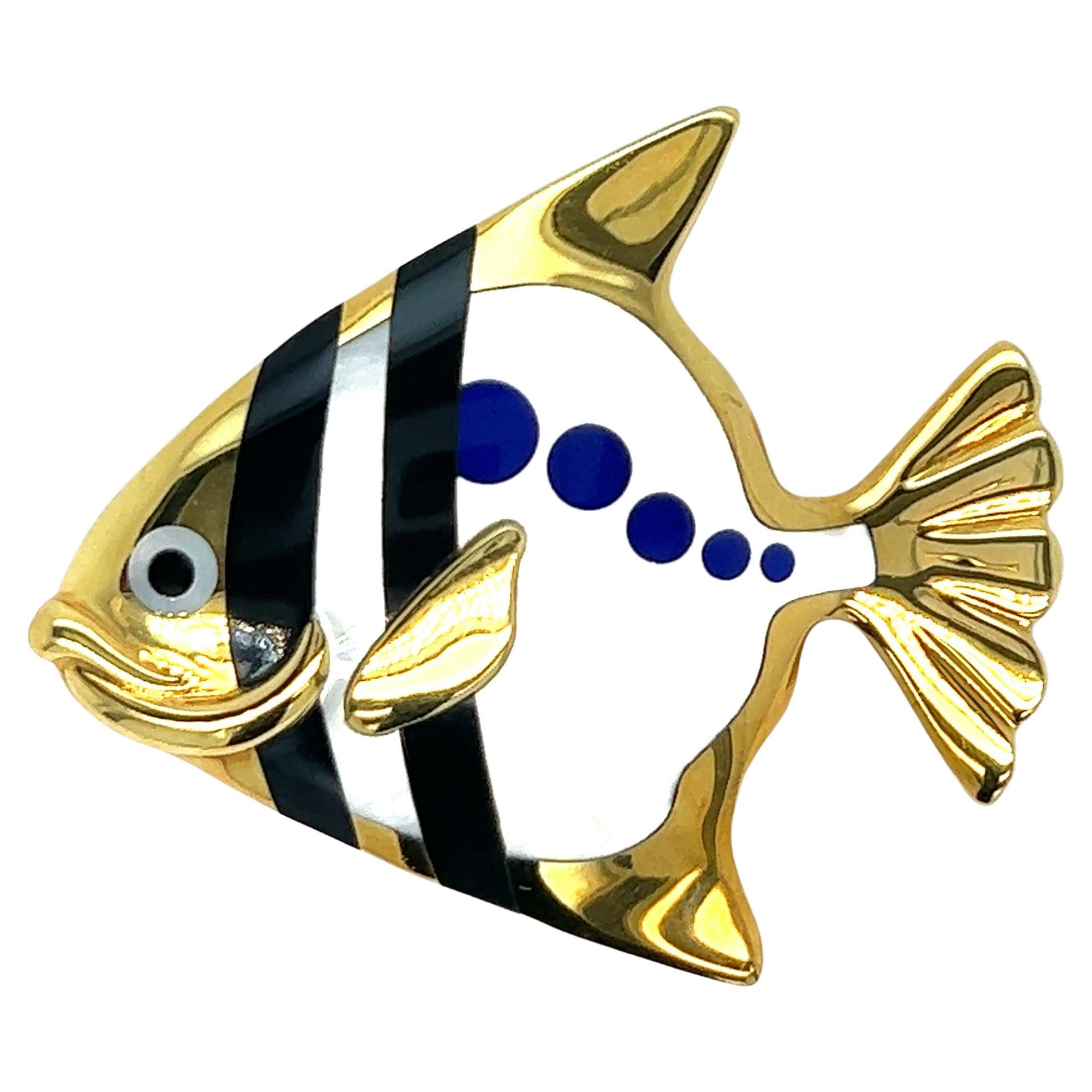 Tiffany and Co. Lapis Onyx Mother of Pearl Fish Pin Brooch at 1stDibs