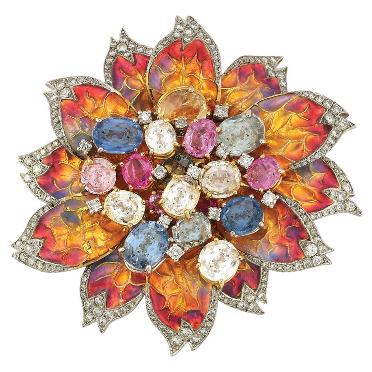 Tiffany and Co Multicolor Sapphire and Enamel Flower Brooch For Sale at ...