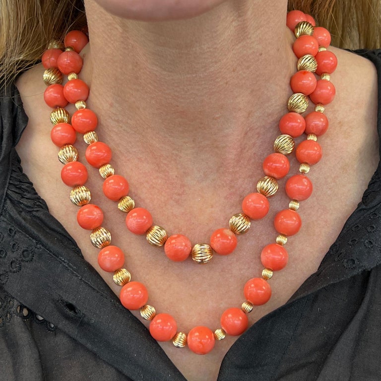 Tiffany and Co. Natural Coral Bead 14 Karat Yellow Gold X Clasp 40 Inch ...