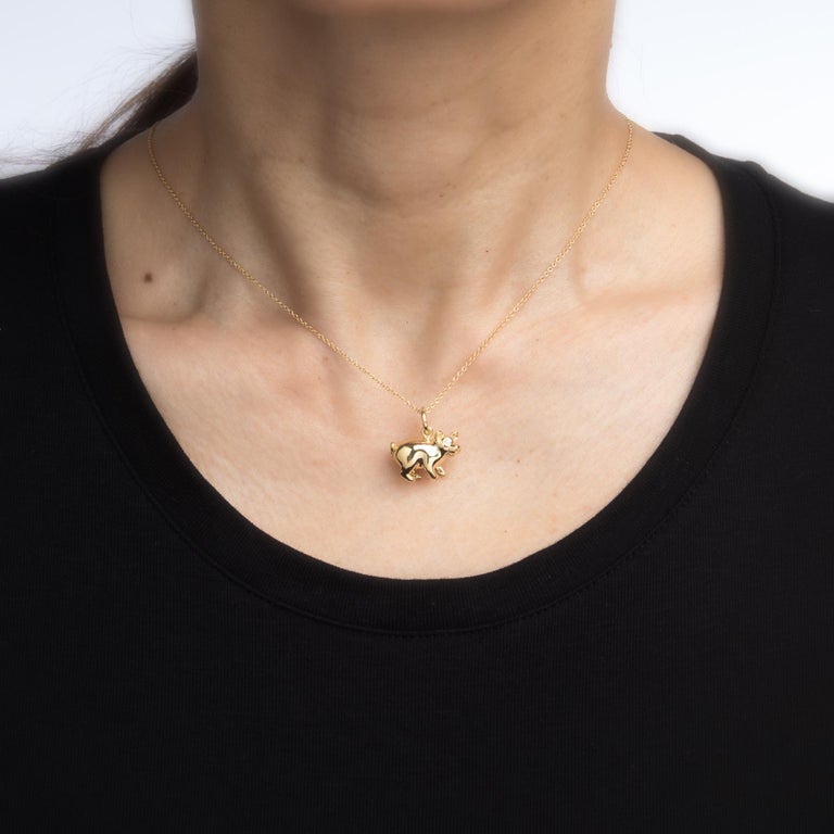 Tiffany and Co. Pig Charm Pendant Diamond 18 Karat Gold Necklace Estate ...