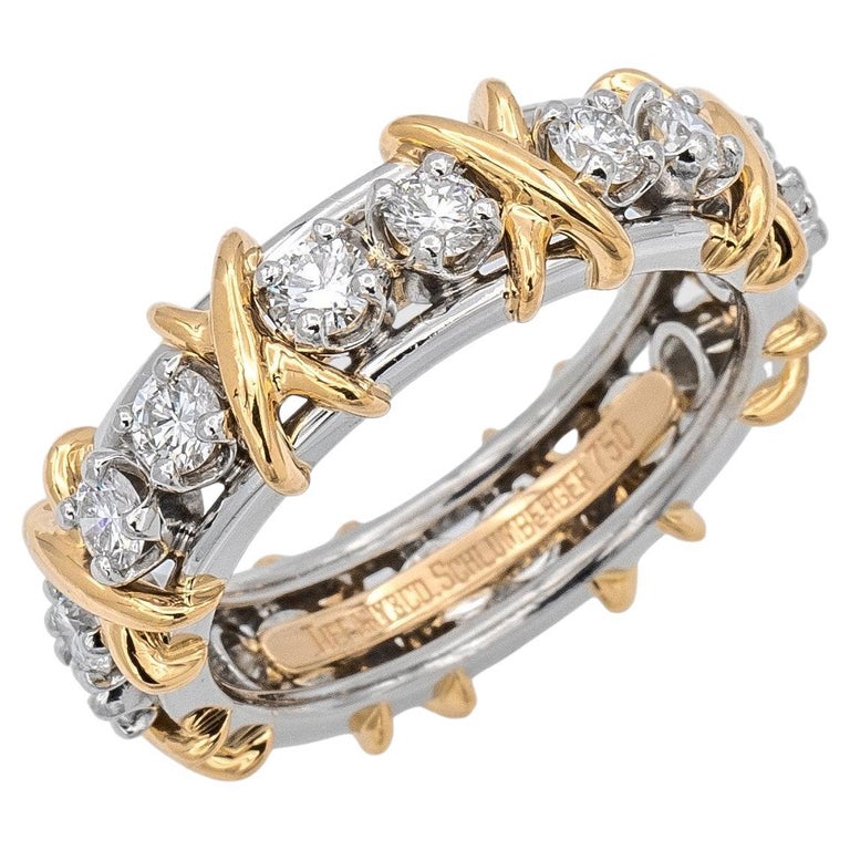 Tiffany and Co Platinum 18KY Gold Schlumberger 16 Stone Diamond X Ring For Sale at 1stDibs