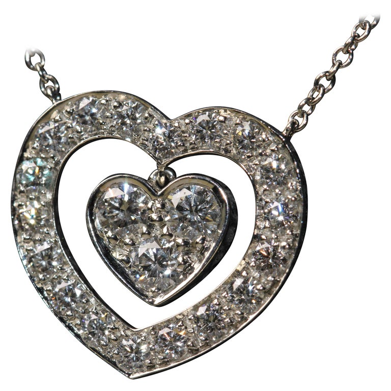 Tiffany and Co. Platinum Double Heart Necklace Set with 21 Diamonds at ...