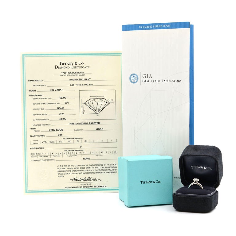 Tiffany and Co. Platinum Six Prong Round Solitaire Engagement Ring 1.00 ...