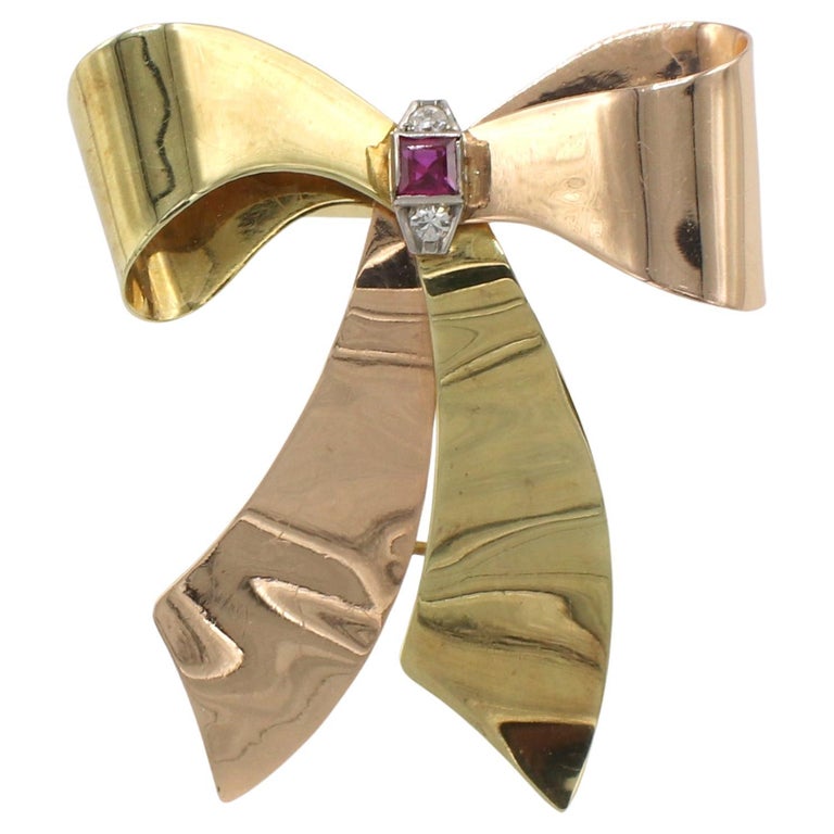 Tiffany and Co. Retro Pink and Yellow Gold Diamond and Ruby Ribbon Bow ...