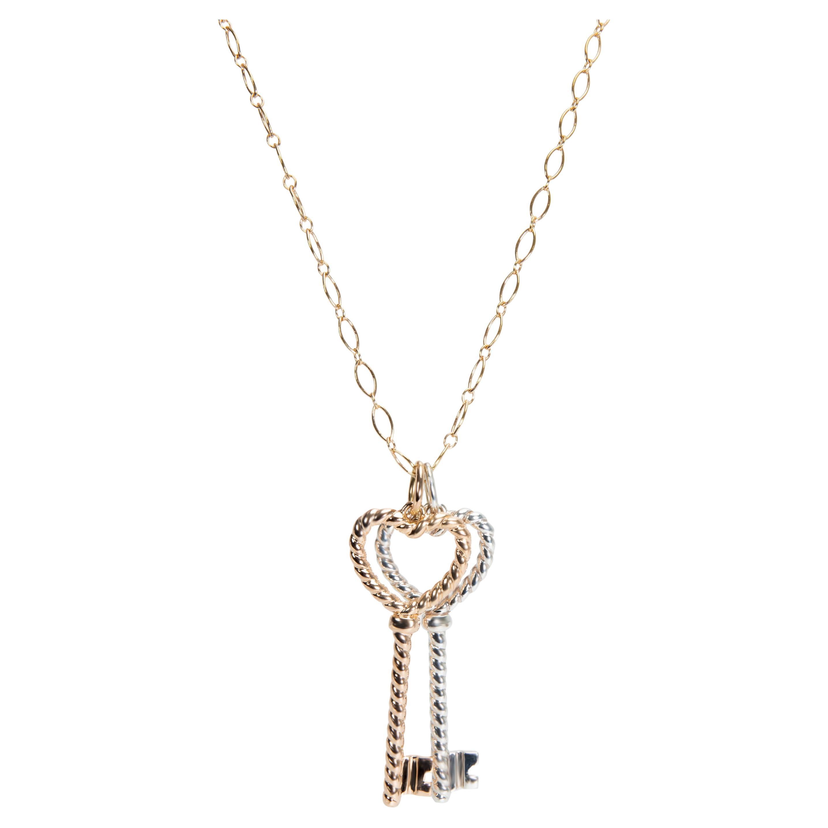 Diamond Rose Gold and Silver Lock and Key Necklace For Sale at 1stDibs