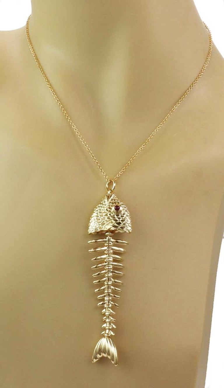 Tiffany and Co. Ruby 18k Yellow Gold Large Fish Bone Pendant Necklace ...