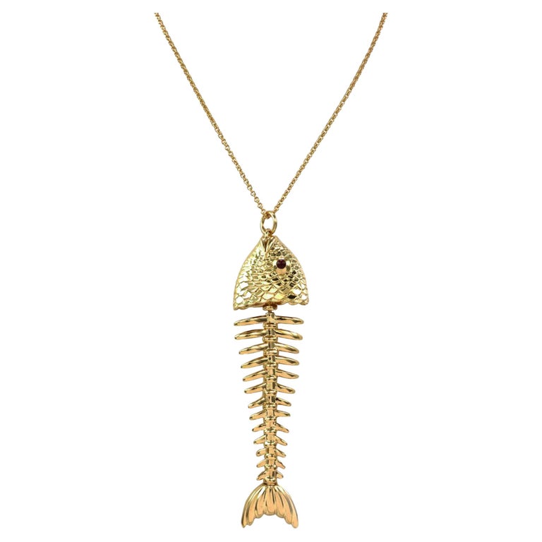Tiffany and Co. Ruby 18k Yellow Gold Large Fish Bone Pendant Necklace ...
