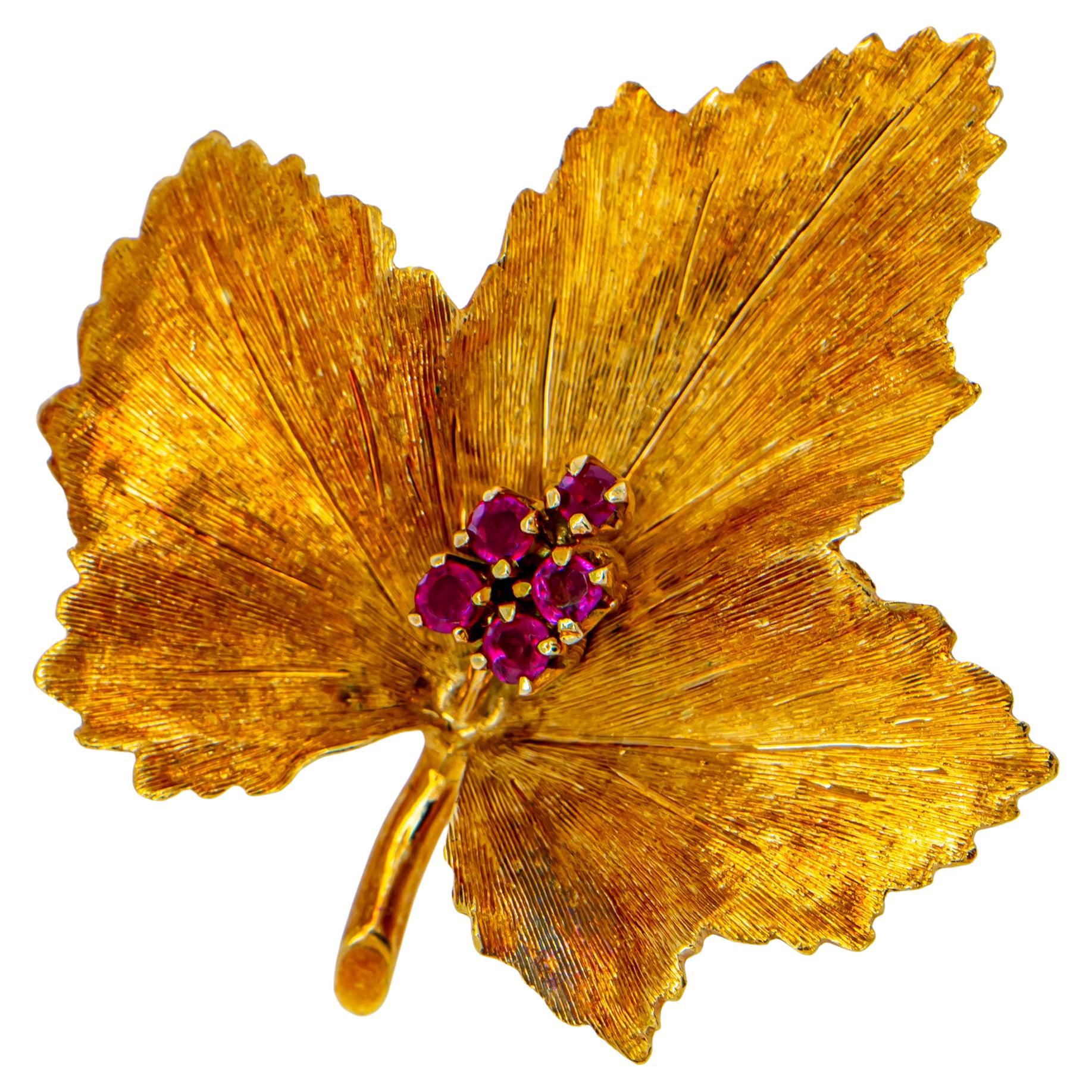 Tiffany and Co Ruby Autumn Leaf Brooch 18k Gold Original Pouch For Sale ...
