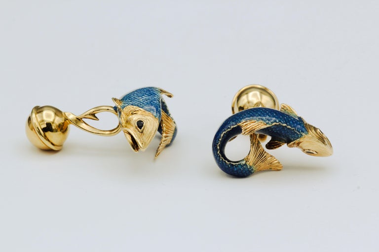 Tiffany and Co. Sapphire Enamel 18k Gold Fish Cufflinks at 1stDibs