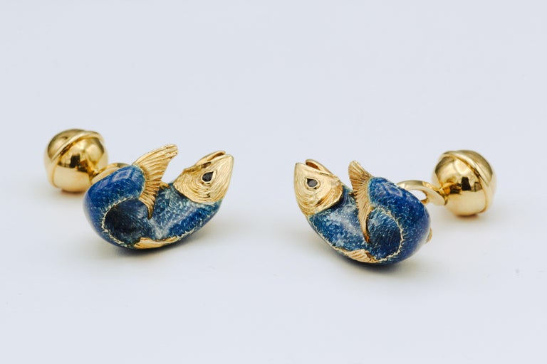 Tiffany and Co. Sapphire Enamel 18k Gold Fish Cufflinks at 1stDibs