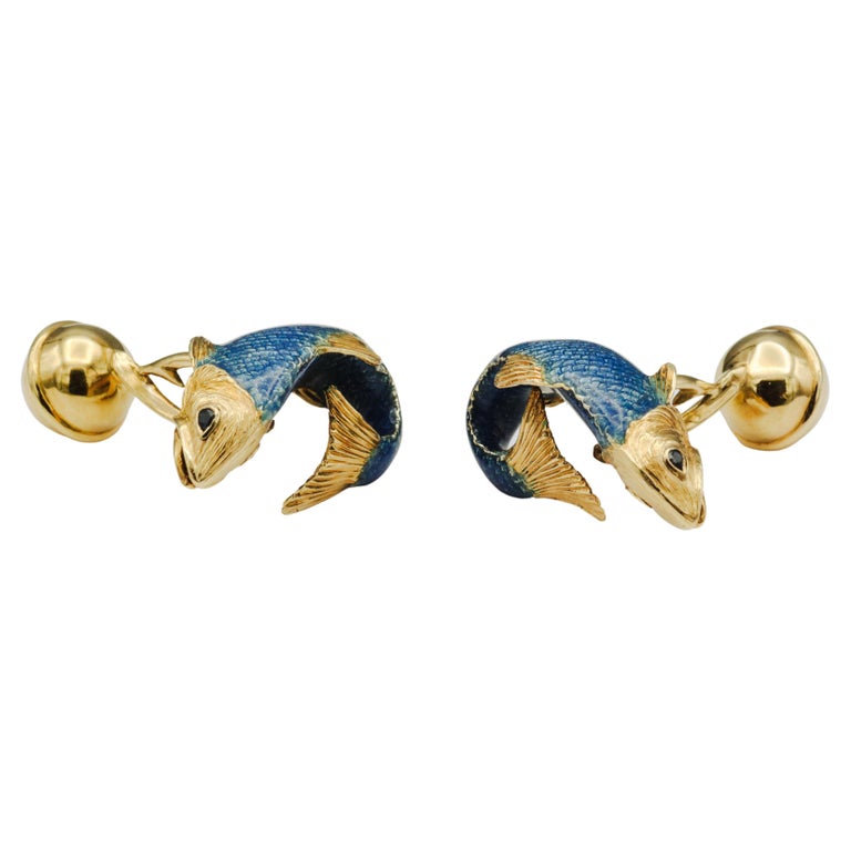 Tiffany and Co. Sapphire Enamel 18k Gold Fish Cufflinks at 1stDibs
