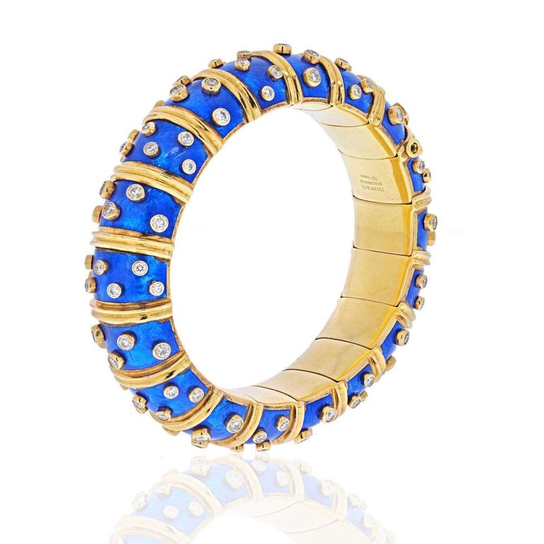 Tiffany and Co. Schlumberger 18 Karat Gold Blue Enamel 5.6 Ct Diamond ...