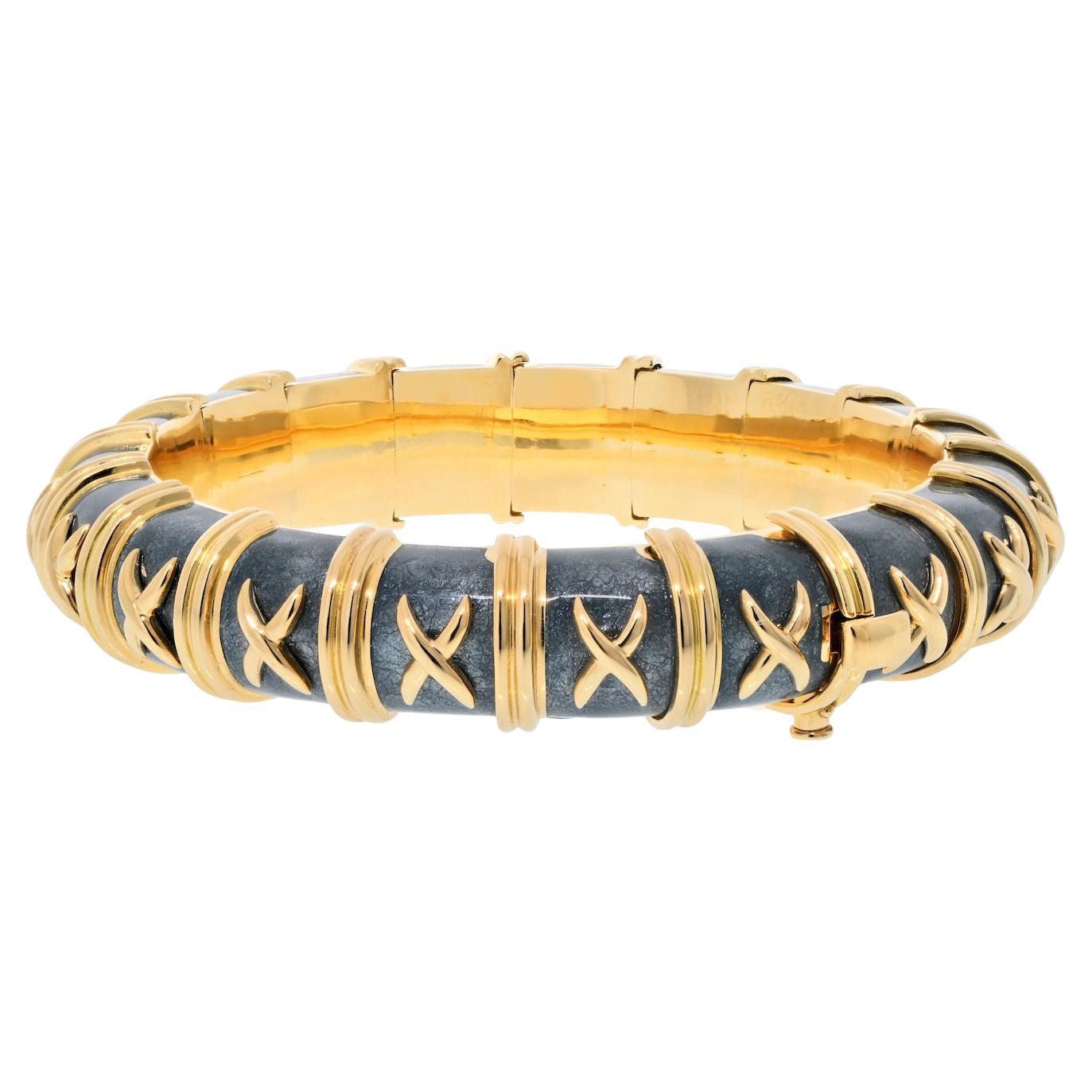 Tiffany and Co. Schlumberger 18K Yellow Gold Deep Green Enamel Diamond ...