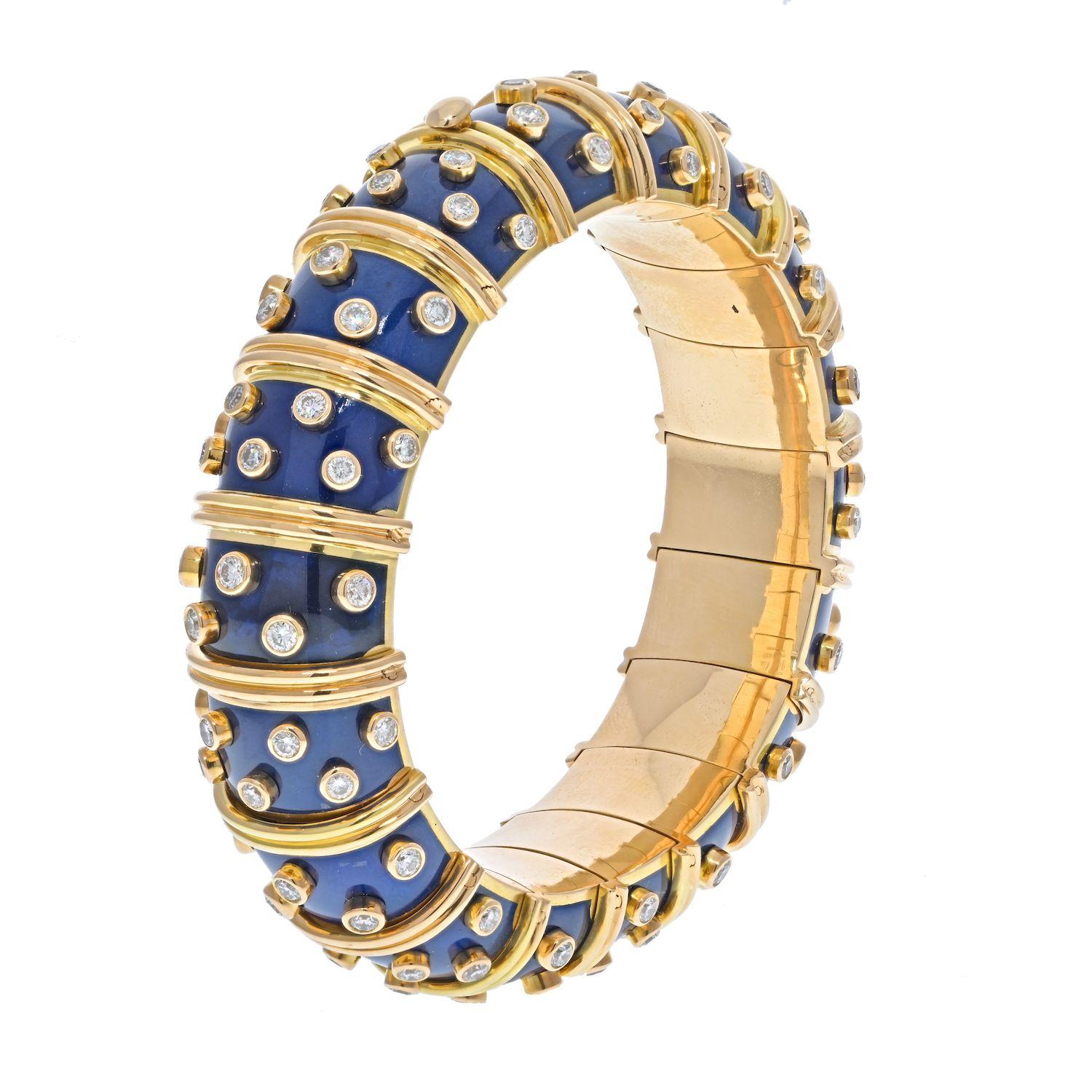Tiffany and Co. Schlumberger 18K Yellow Gold Blue Enamel Diamond ...