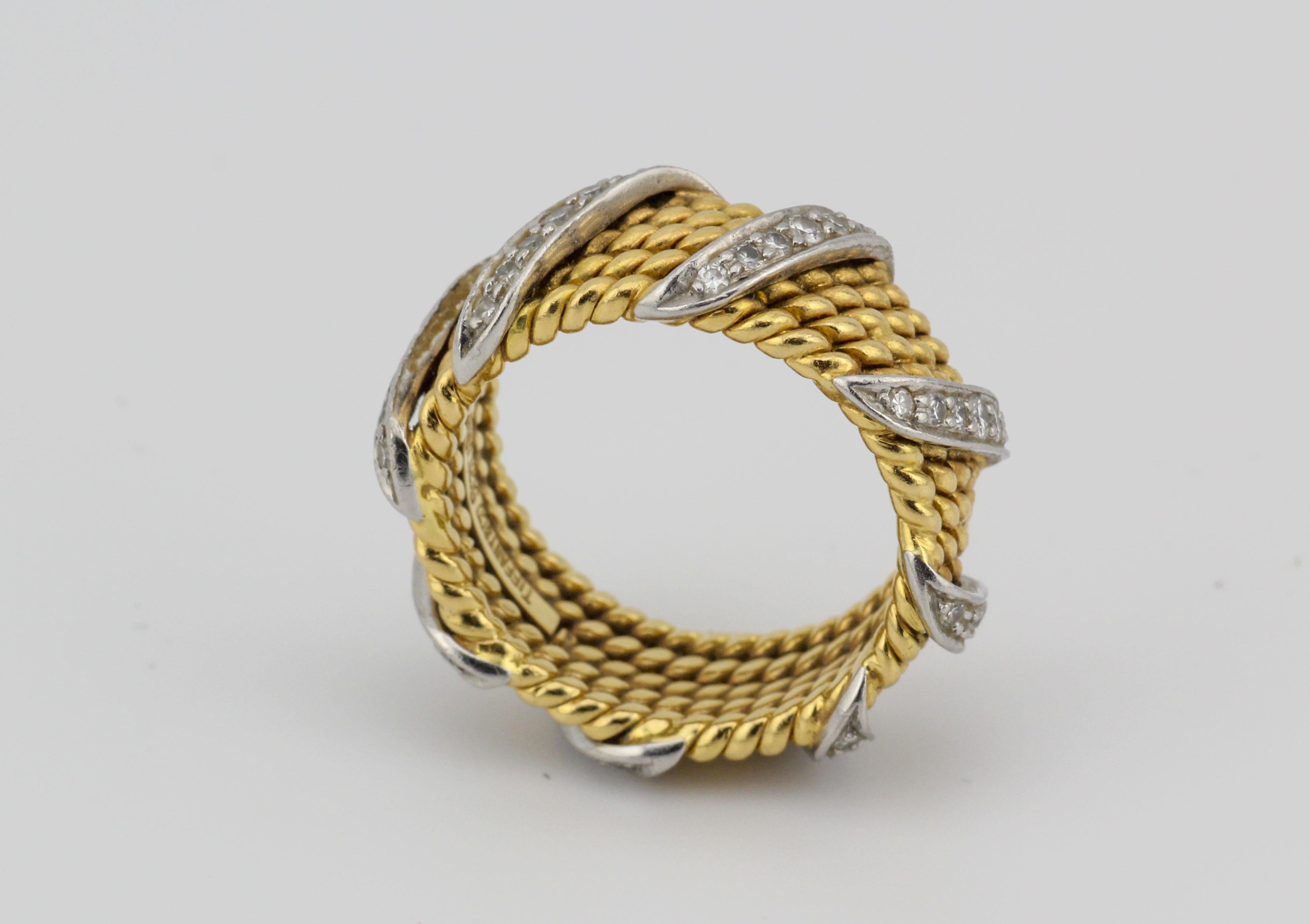 Tiffany and Co. Schlumberger 18K Yellow Gold Diamond 5 Rows Rope Ring ...