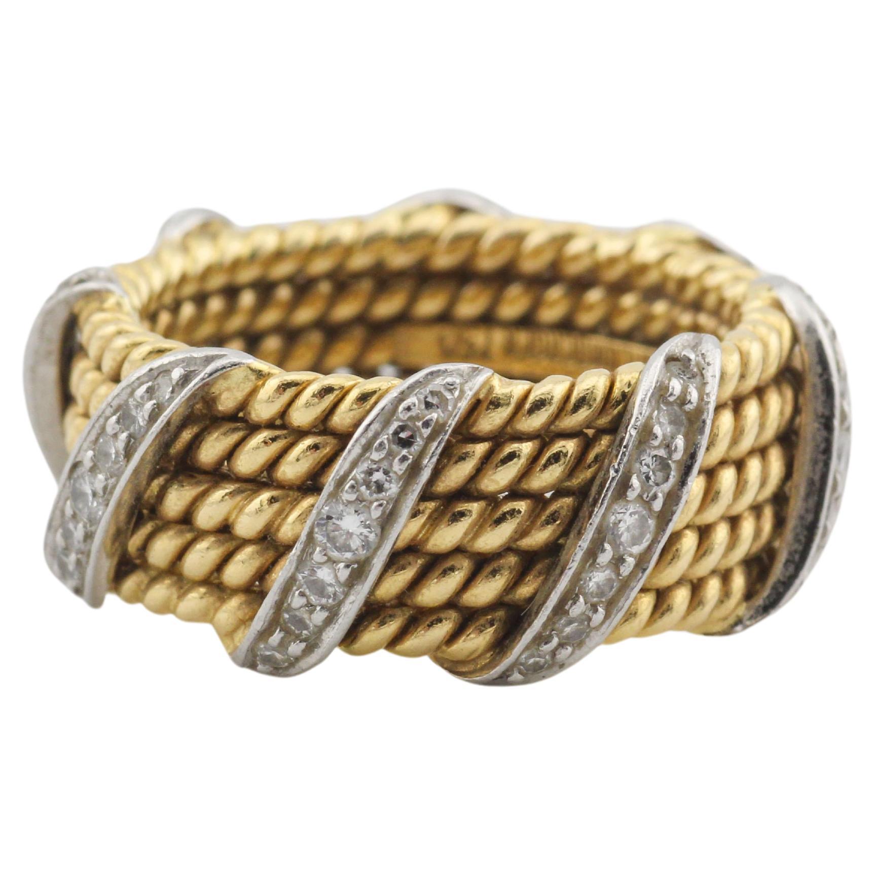 Tiffany and Co. Schlumberger X Diamond 6 Row Rope Gold Platinum Band ...